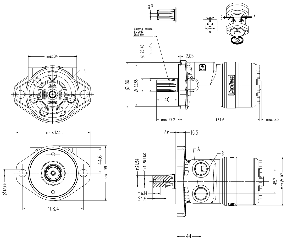 Moteur hydraulique Danfoss 11186151 OMR 125 cm3 arbre Cannelé 6 dents (25.35 mm)